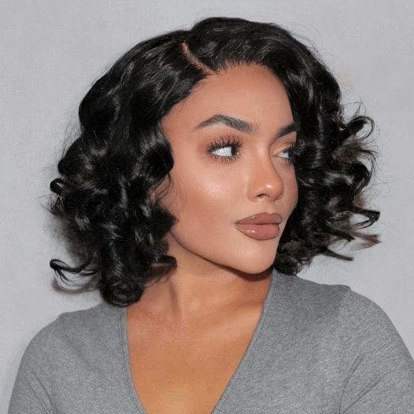 Natural Black Roll Curly 4x4 Closure Lace Glueless C Part Short Wig 10 ...