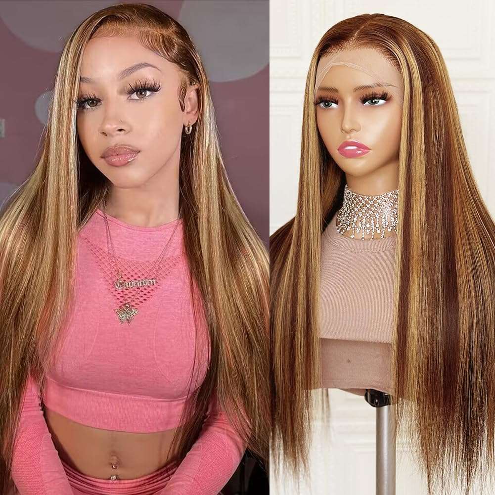 Honey Blonde Highlight Straight Pre-Cut Glueless Lace Wig Wear Go Summ ...