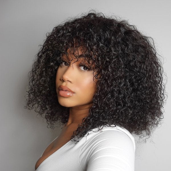 200% Density Bouncy Shaggy Curly Long Wig With Bangs 100% Human Hair ...