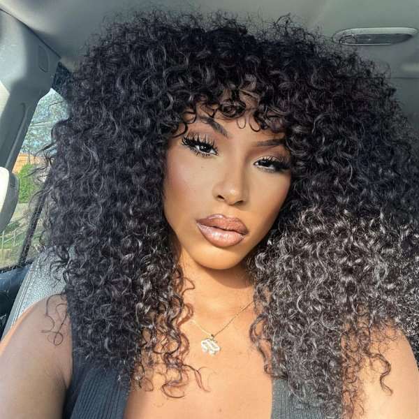 200% Density Bouncy Shaggy Curly Long Wig With Bangs 100% Human Hair ...
