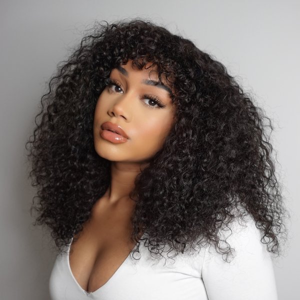200% Density Bouncy Shaggy Curly Long Wig With Bangs 100% Human Hair ...