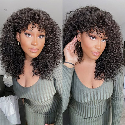 200% Density Bouncy Shaggy Curly Long Wig With Bangs 100% Human Hair ...