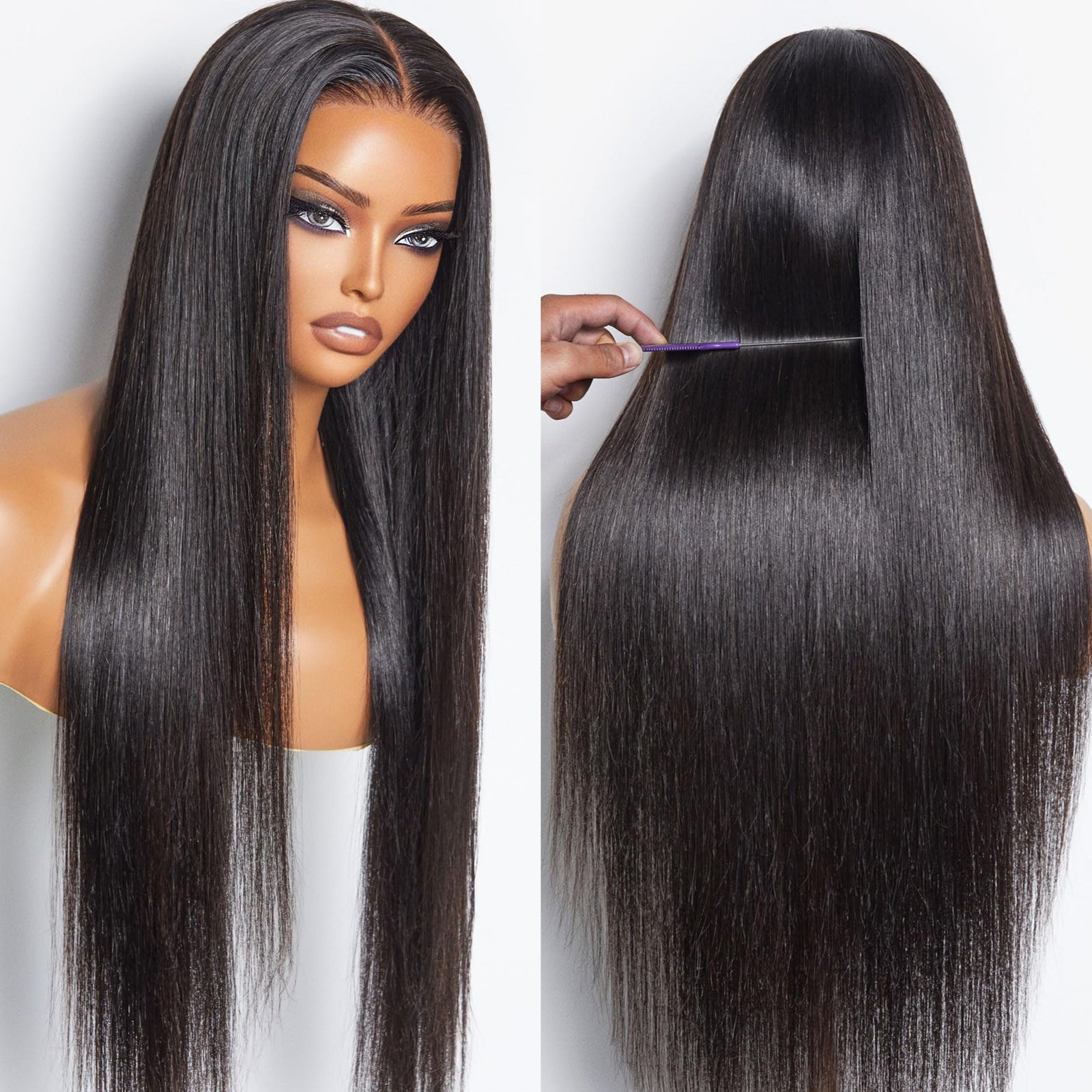 Glueless Silky Straight 13x4 HD Frontal Lace With 3 Bundles 180% Densi ...