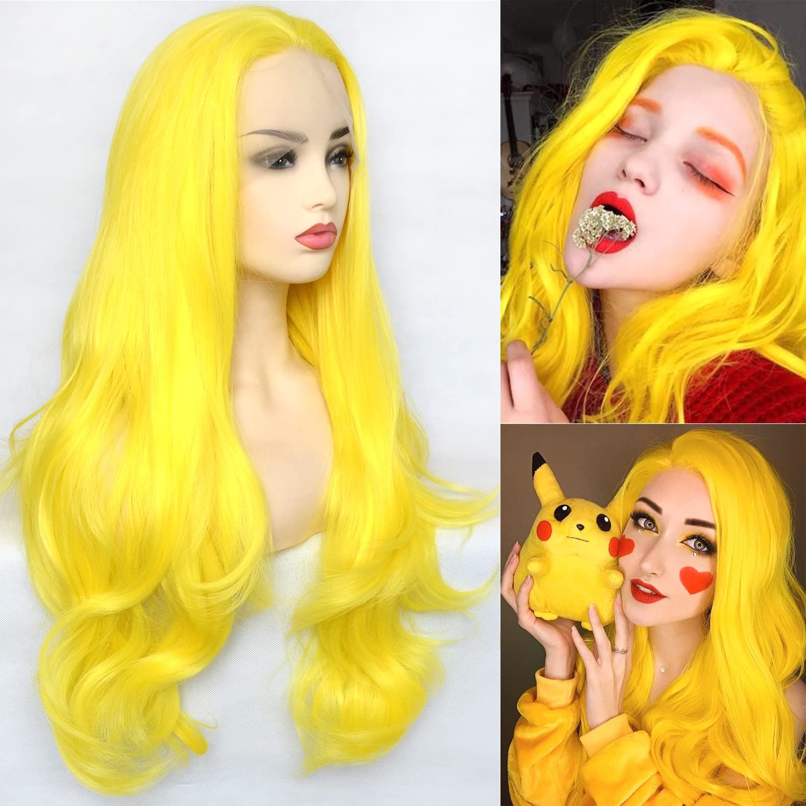 Sexy Yellow 13x4 Front Lace Front Wigs Long Natural Wavy Heat Resistan ...