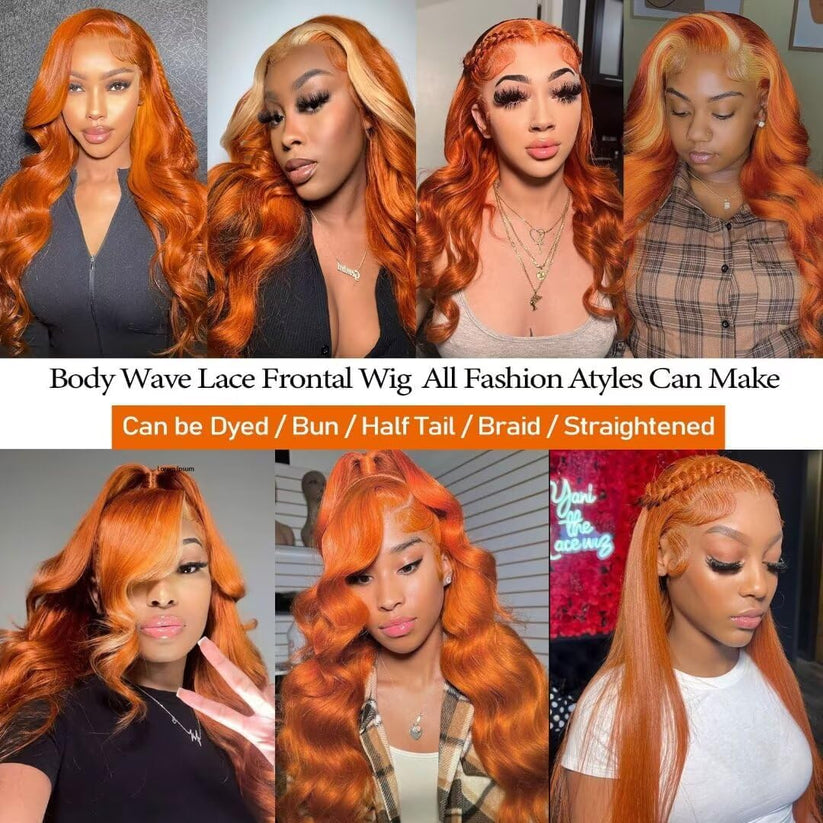13X4 HD Orange Ginger Lace Front Wigs Pre Plucked Body Wave Wig ...