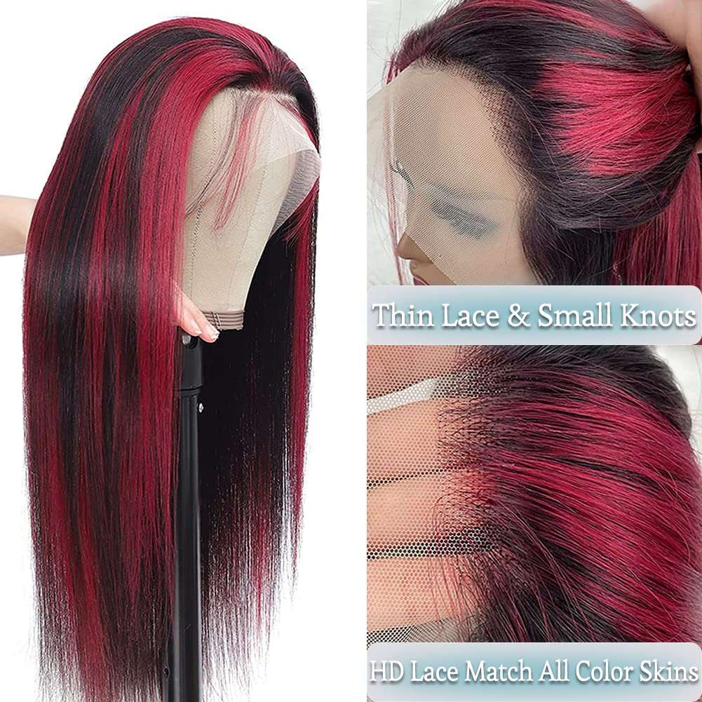 Highlight Red Lace Front Wig Human Hair Pre Plucked Colored Straight W ...