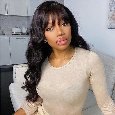 Natural Black Body Wave With Curtain Bangs 13x4 Frontal HD Lace Long W ...