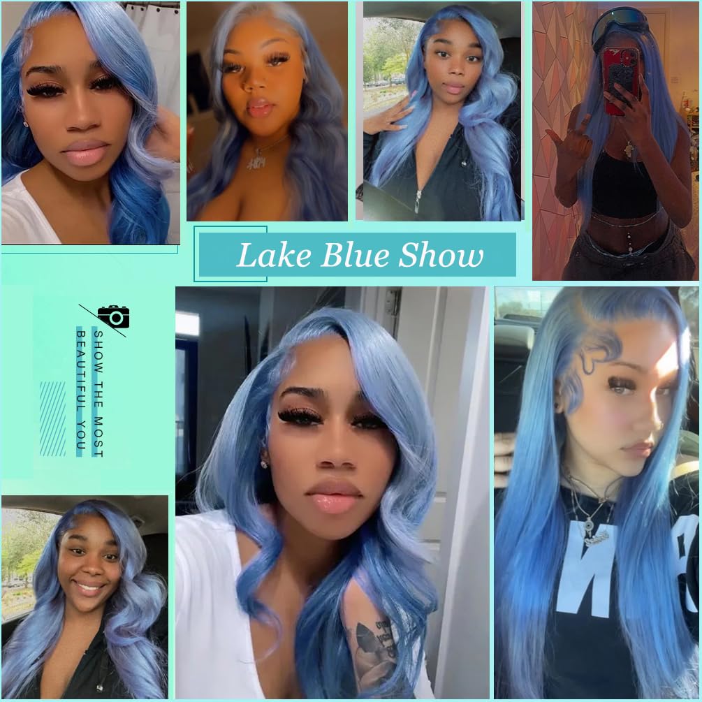 Lake Blue Body Wave Lace Front Wig Human Hair 180% Density Colored Hum ...