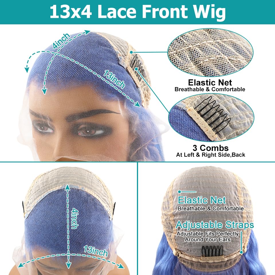 Lake Blue Body Wave Lace Front Wig Human Hair 180% Density Colored Hum ...