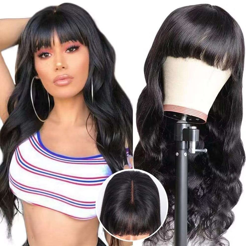 Natural Black Body Wave With Curtain Bangs 13x4 Frontal HD Lace Long W ...