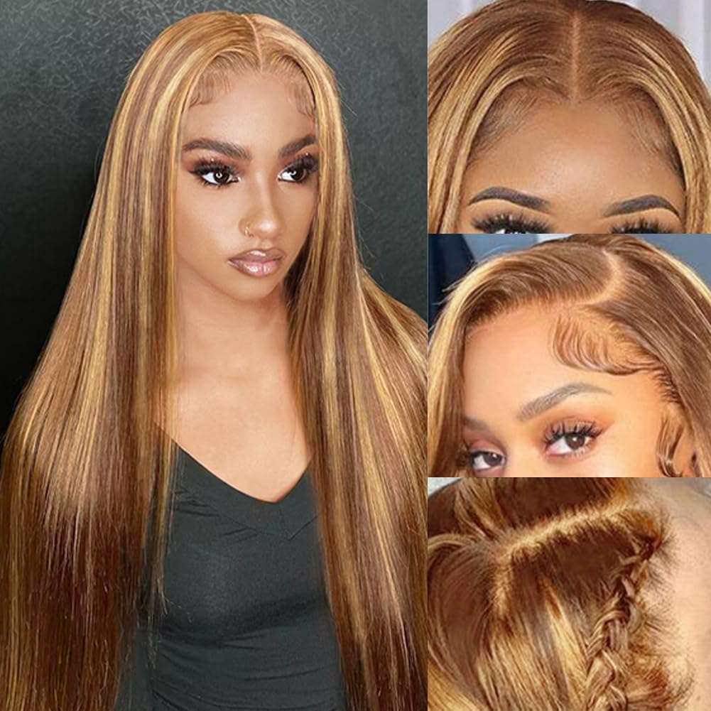 Honey Blonde Highlight Straight Pre-Cut Glueless Lace Wig Wear Go Summ ...
